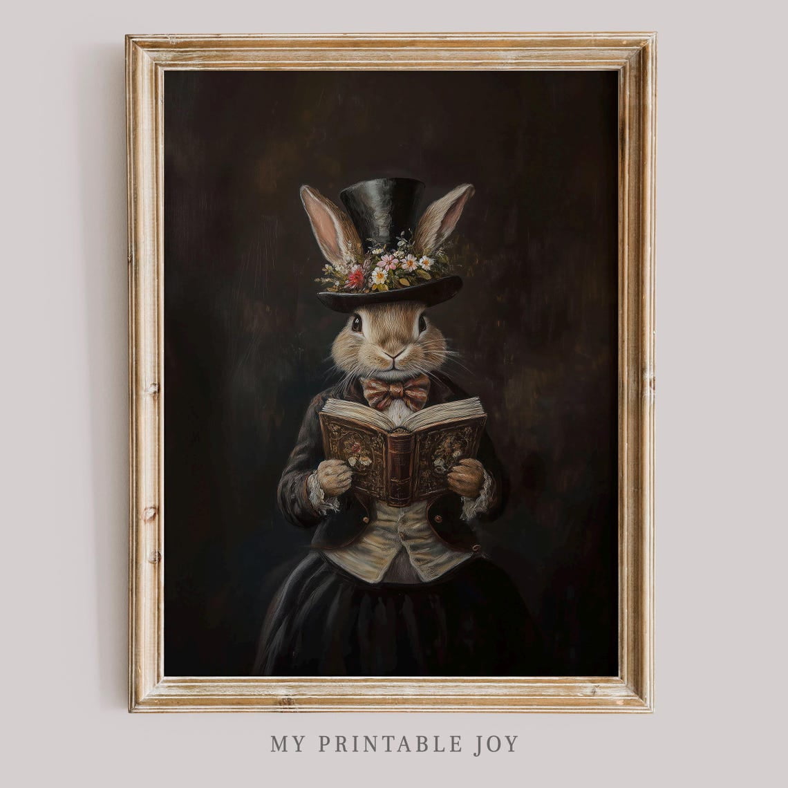 Bunny Reading Book Poster Wall Art Vintage Portrait Whimsical Rabbit ...