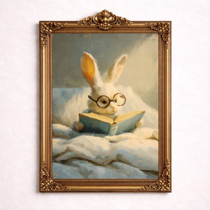 Bunny Reading Book Wall Art Poster – Vintage Nursery Animal Decor Kids ...