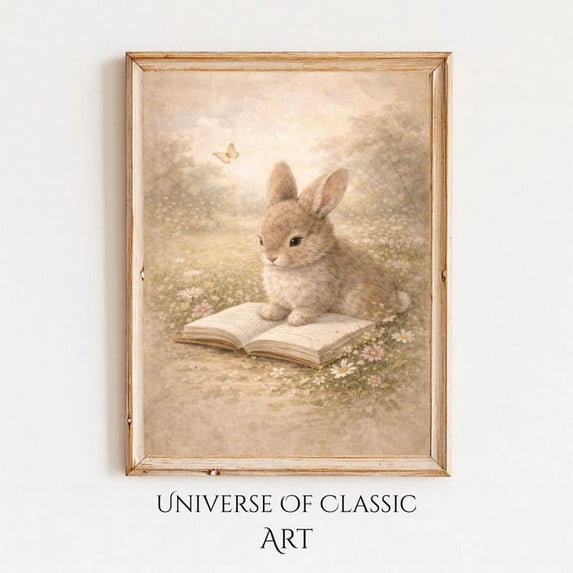 Bunny Reading Wall Art Poster – Cute Rabbit Book Illustration Easter ...