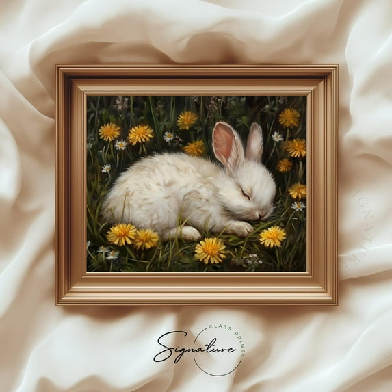 Bunny Resting In Dandelion Meadow, Rabbit, Cottagecore Animal Decor ...