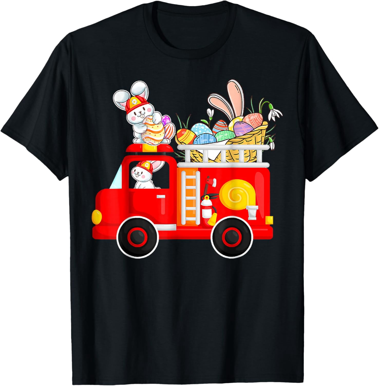 Bunny Riding Firetruck Easter Day Firefighter Happy Easter T-Shirt ...