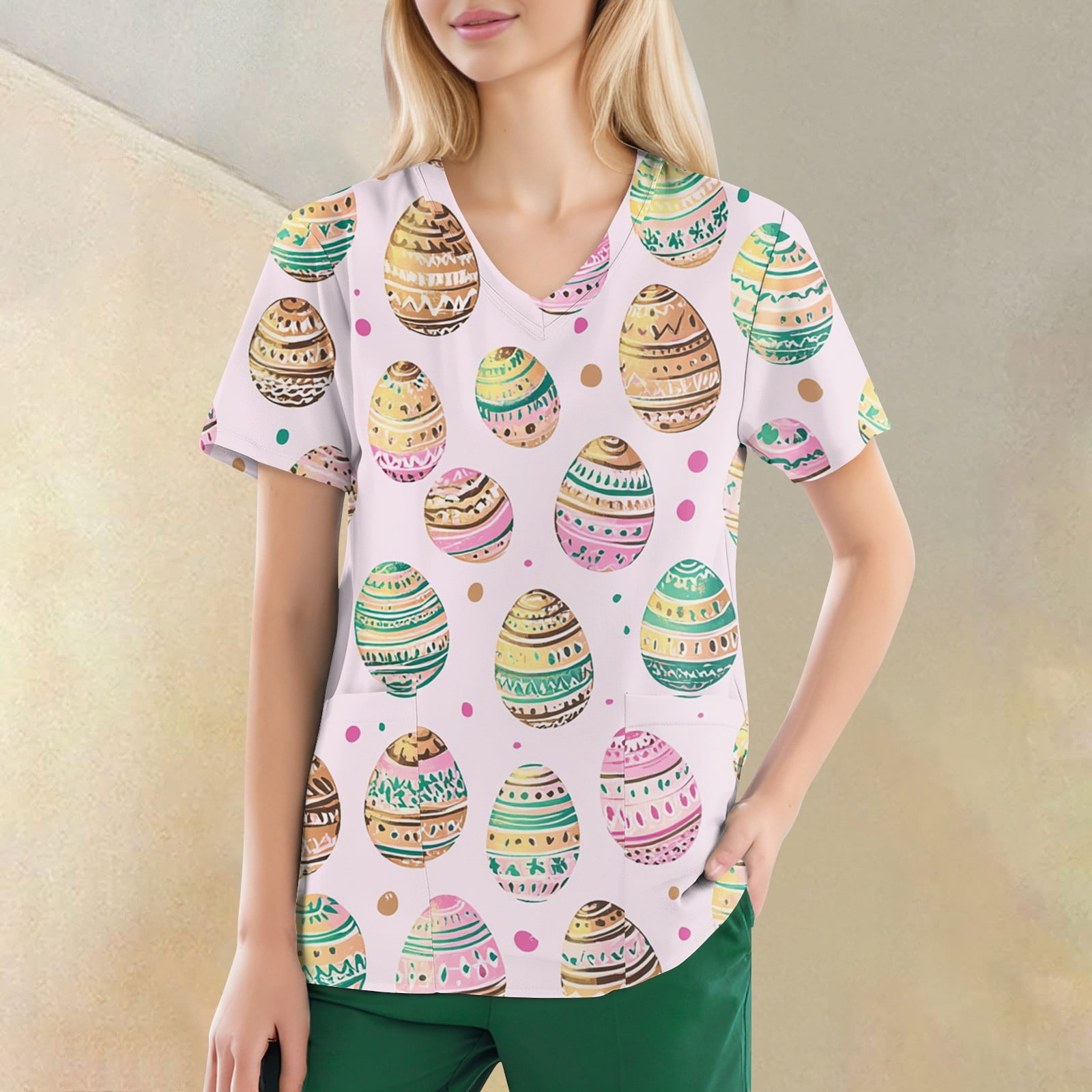 Bunny Scrubs for Womens, Easter Egg Printed Uniform Nursing Tops, Short ...