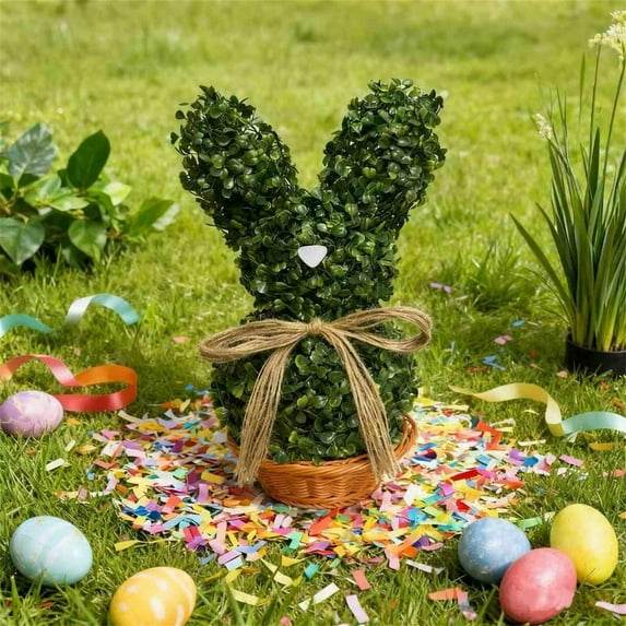 Bunny-Shaped Topiary Double Ball Tree Pot, 18'' Artificial UV-Resistant ...