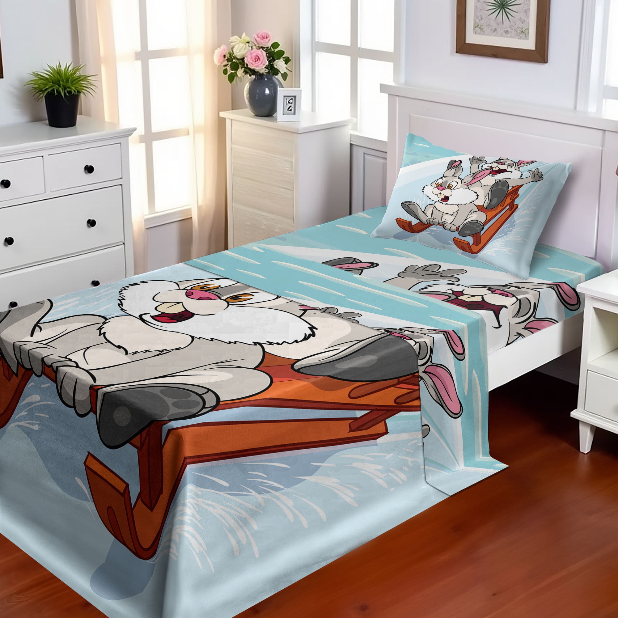 Bunny Sheet Set, Winter Wooden Sled Cartoon Style Compositions of ...