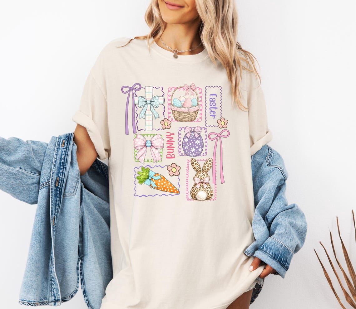 Bunny Shirt With Bows Eggs And Carrot Design Pastel Spring Graphic Tee ...