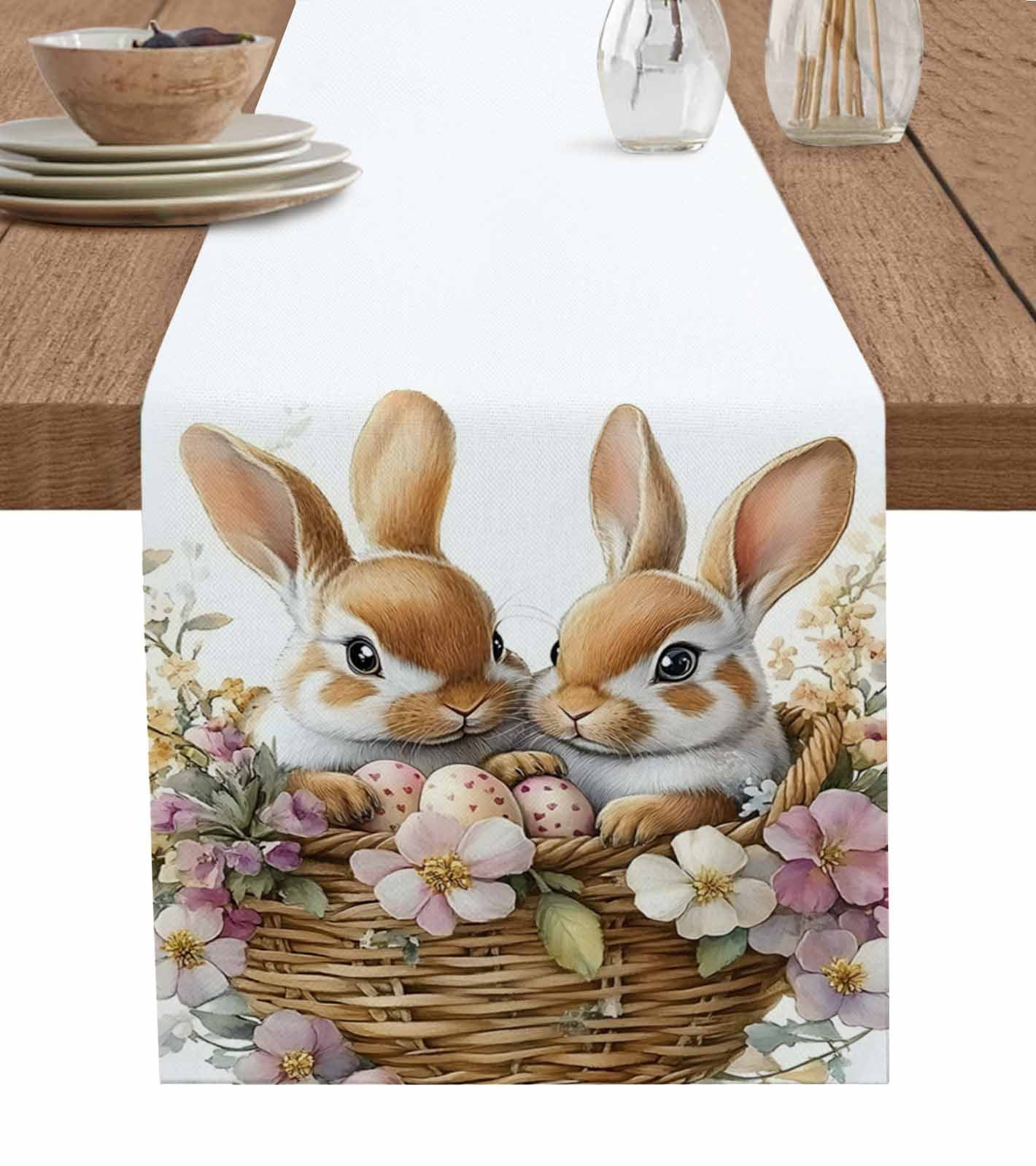 Bunny Spring Easter Table Runner 36 Inches, Eggs Colorful Floral Blossoming Bed Runner Dresser ...