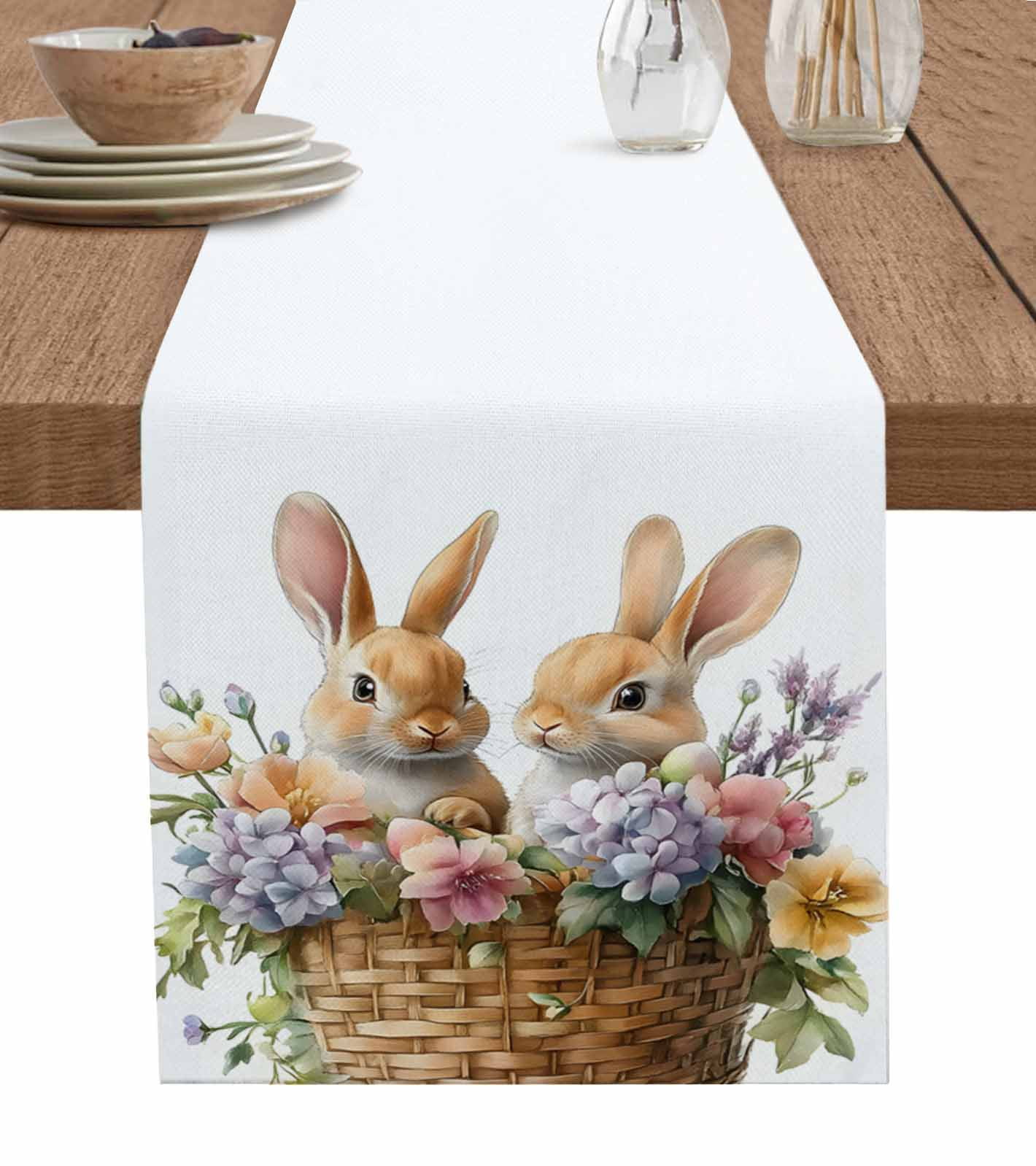 Bunny Spring Easter Table Runner 48 Inches, Colorful Floral Watercolor ...