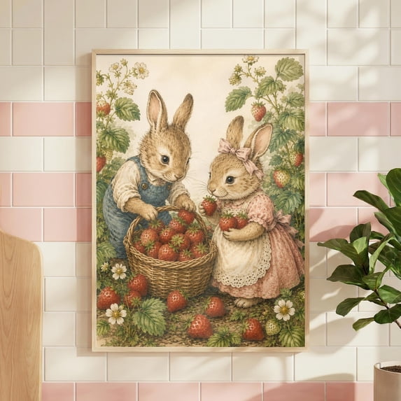 Bunny Strawberry Nursery Wall Art Print, Unframed Paper Poster 24x36in ...