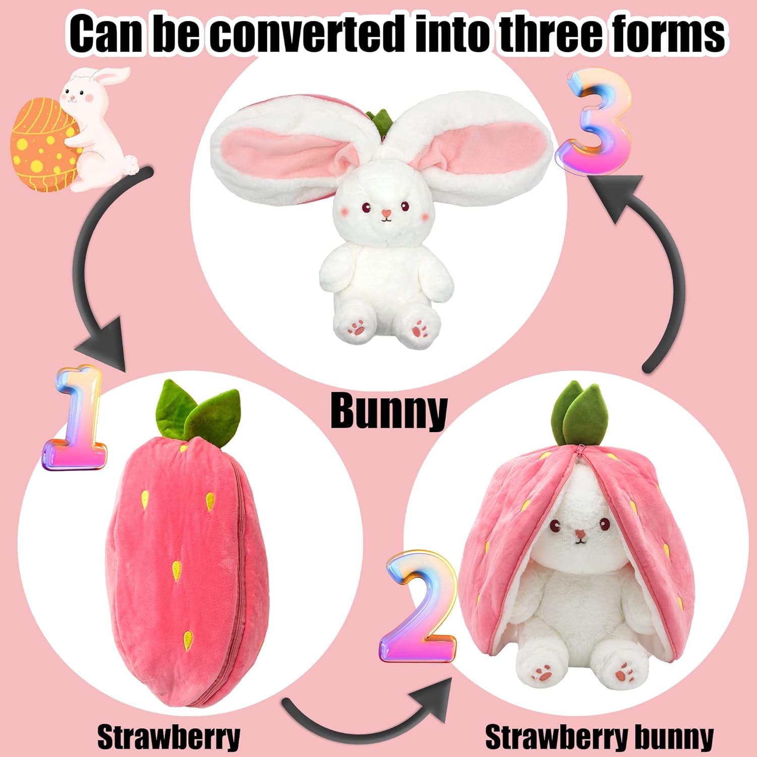 Bunny Stuffed Animal Plush, Reversible Strawberry Bunny Plush Doll with ...