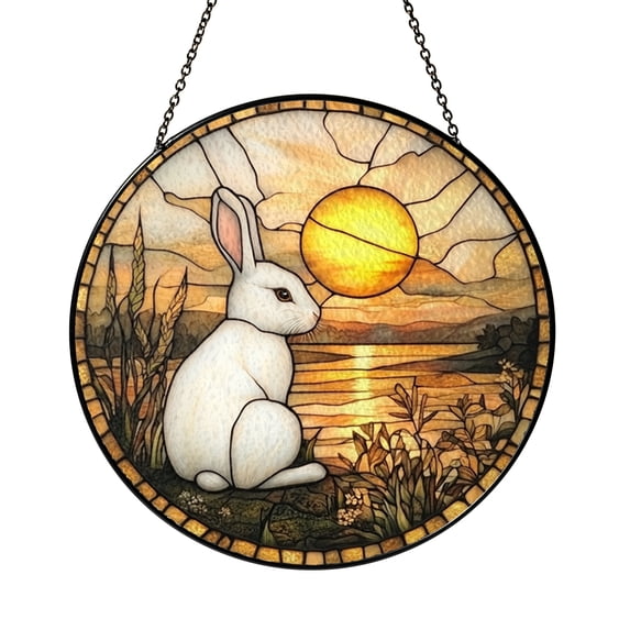 Bunny Sunset Stained Glass Window Hanging Warm Nature Scene Decor ...