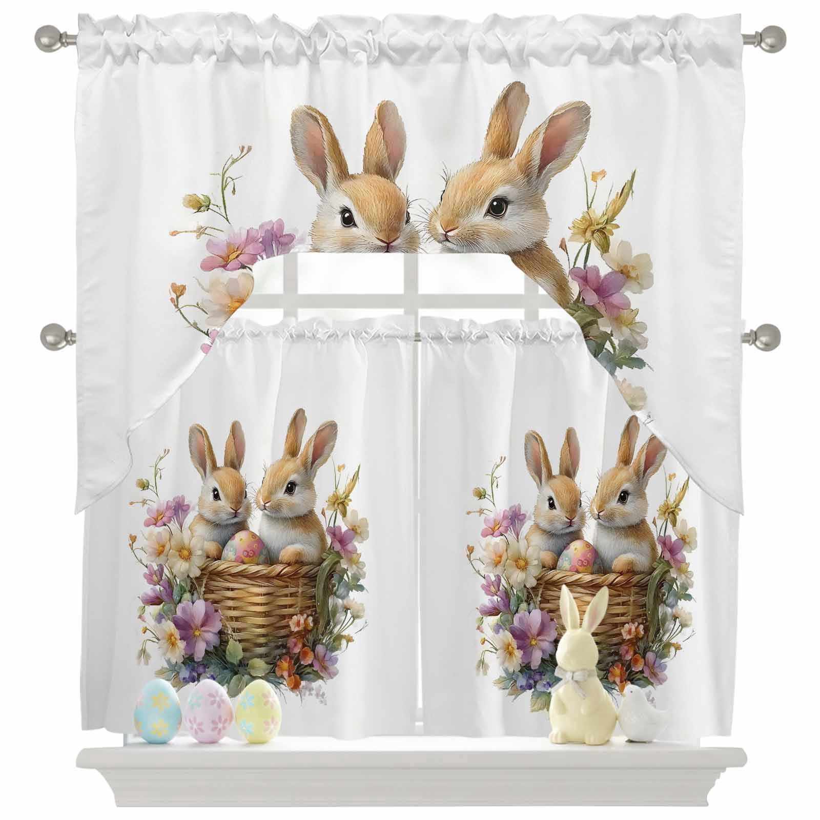 Bunny Swag Curtains Valance & Tier Set, Watercolor Basket Yellow Rabbit ...