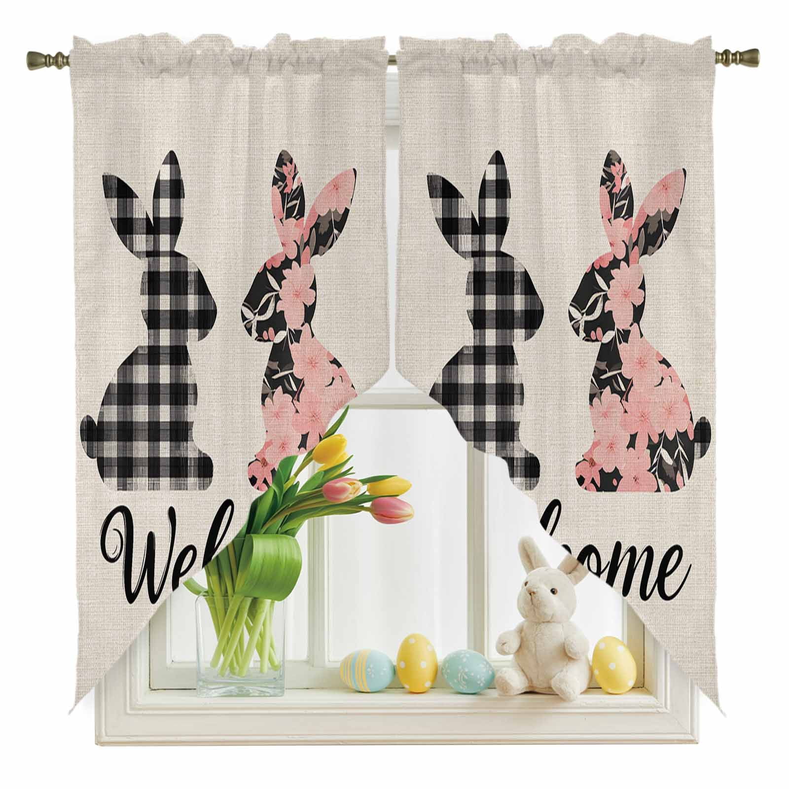 Bunny Swag Valance Curtains Flower Plaid Rabbit Rod Pocket Swag ...