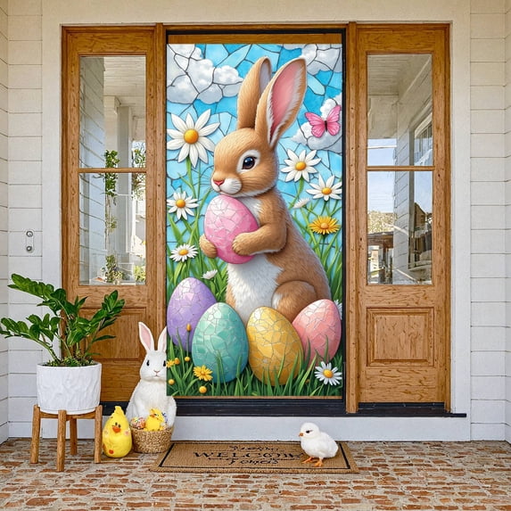 Bunny Theme Easter Bunny Banner Colorful Eggs Spring Backdrop Pastel ...