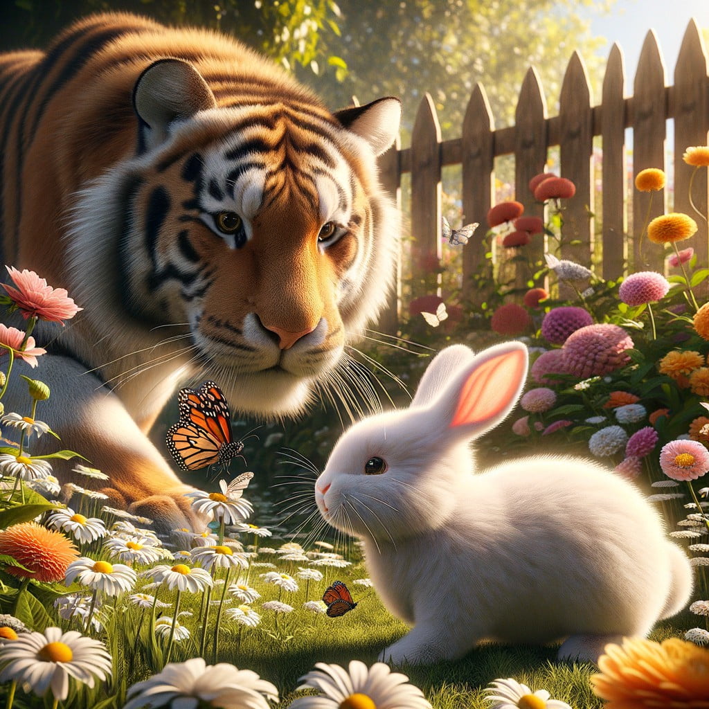 Bunny and Tiger Frolicking in Sunlit Garden 500 Piece Wooden Jigsaw ...