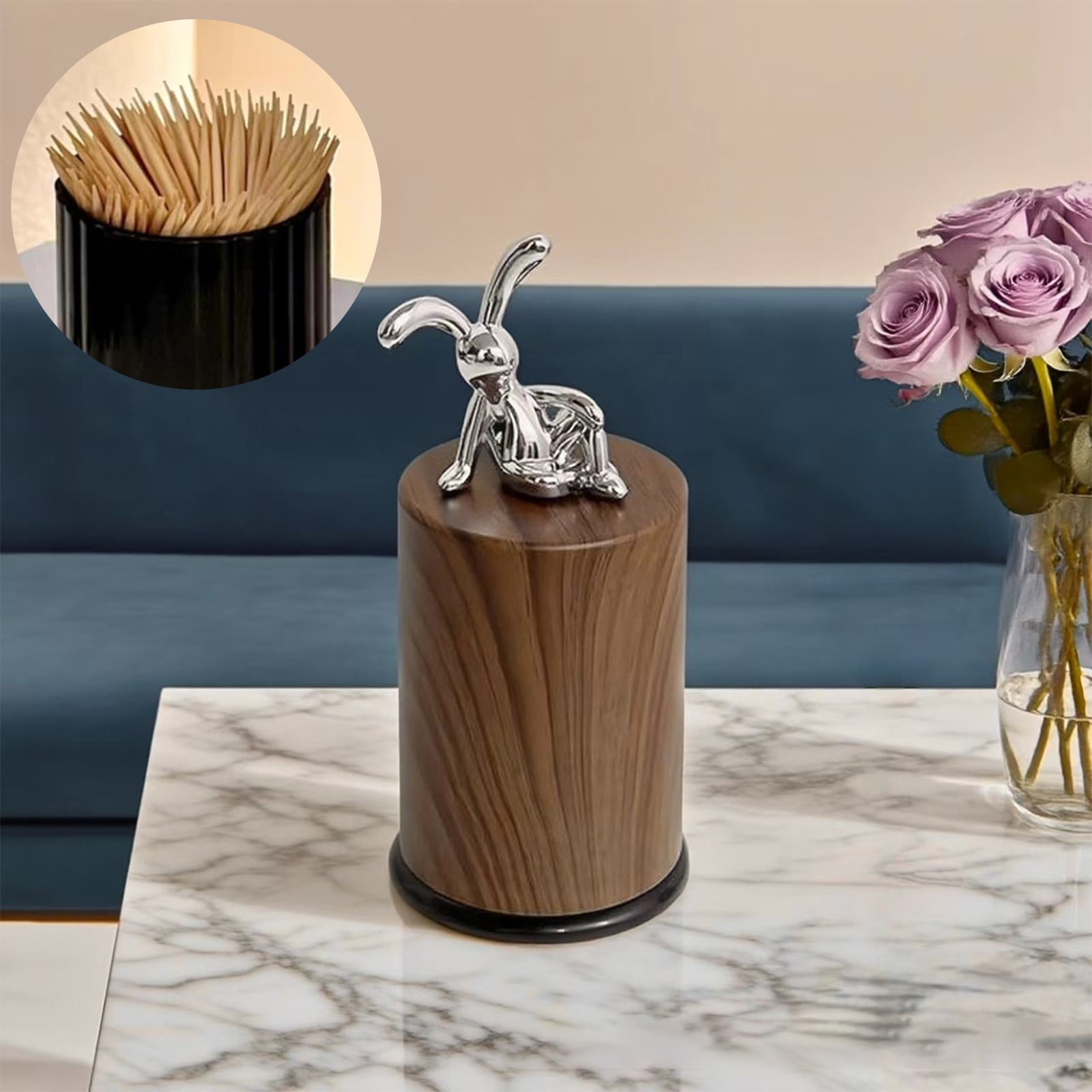 Bunny Toothpick Container Dispenser with Imitation Wood Grain, Funny ...