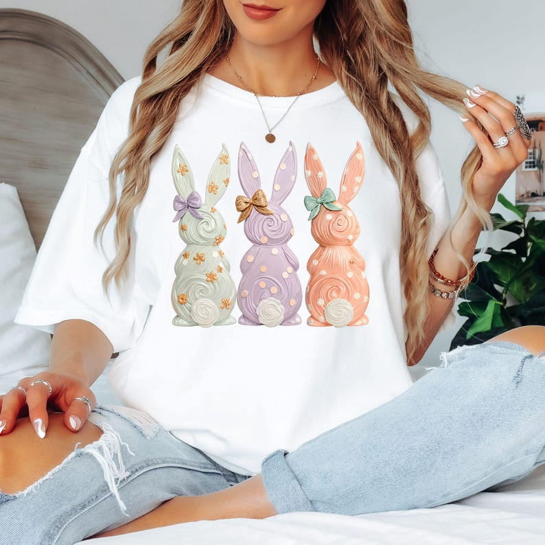 Bunny Trio Shirt Pastel Bunny Shirt Cute Spring Floral Womens Outfit ...