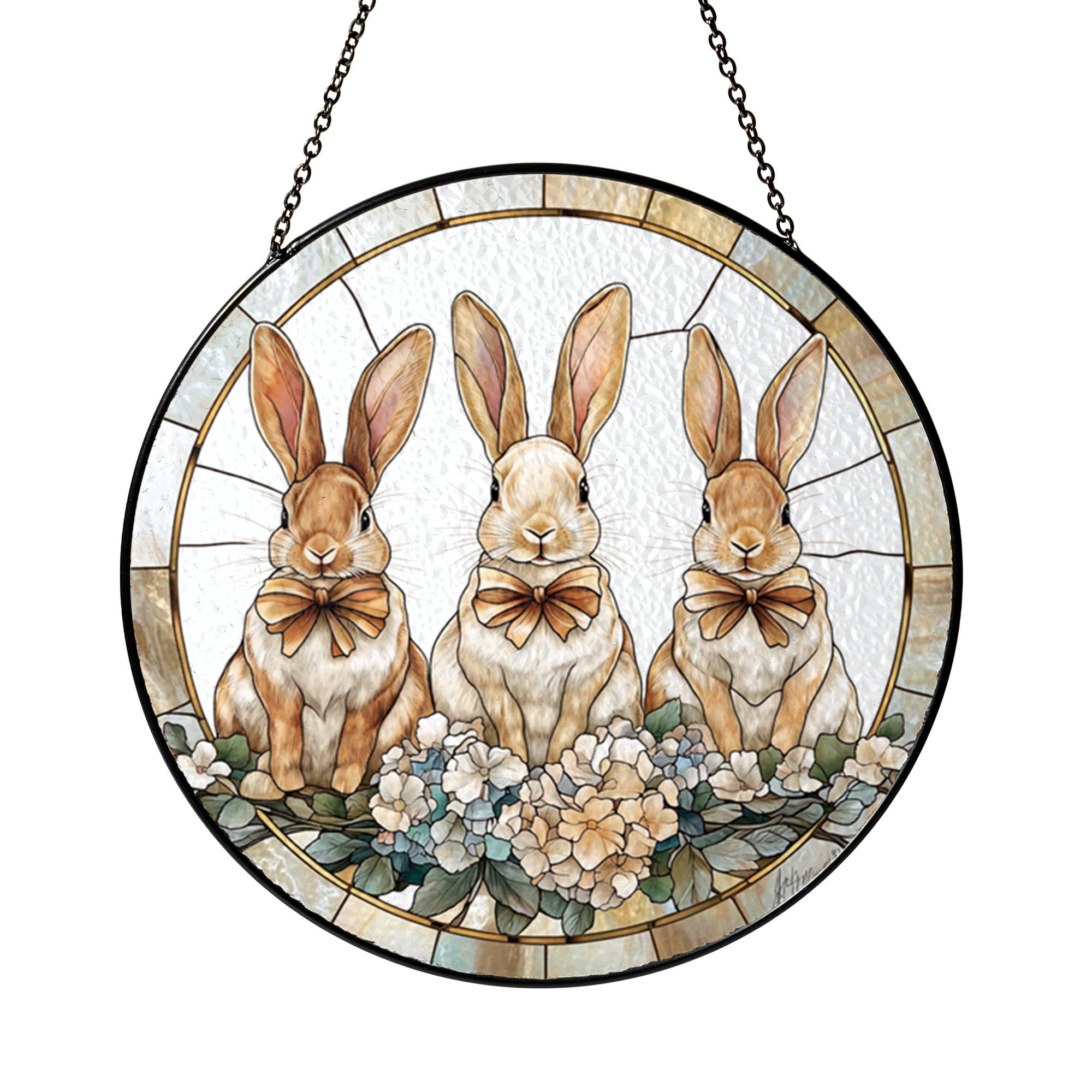 Bunny Trio With Bow Stained Glass Style Window Suncatcher Hanging Decor ...