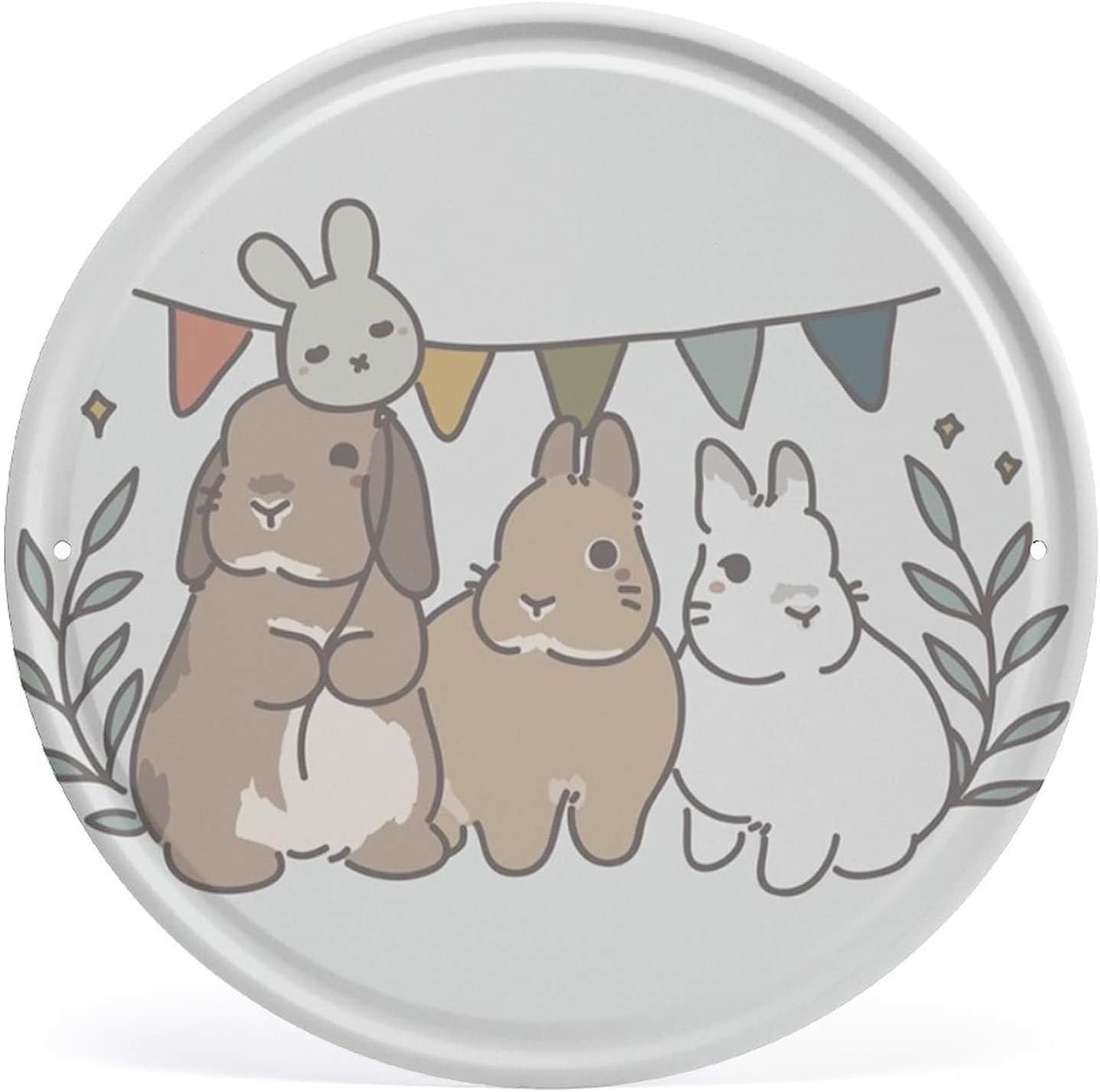 Bunny Vintage Style Round Tin Signs Wreath Sign Welcome Round Tin Metal ...