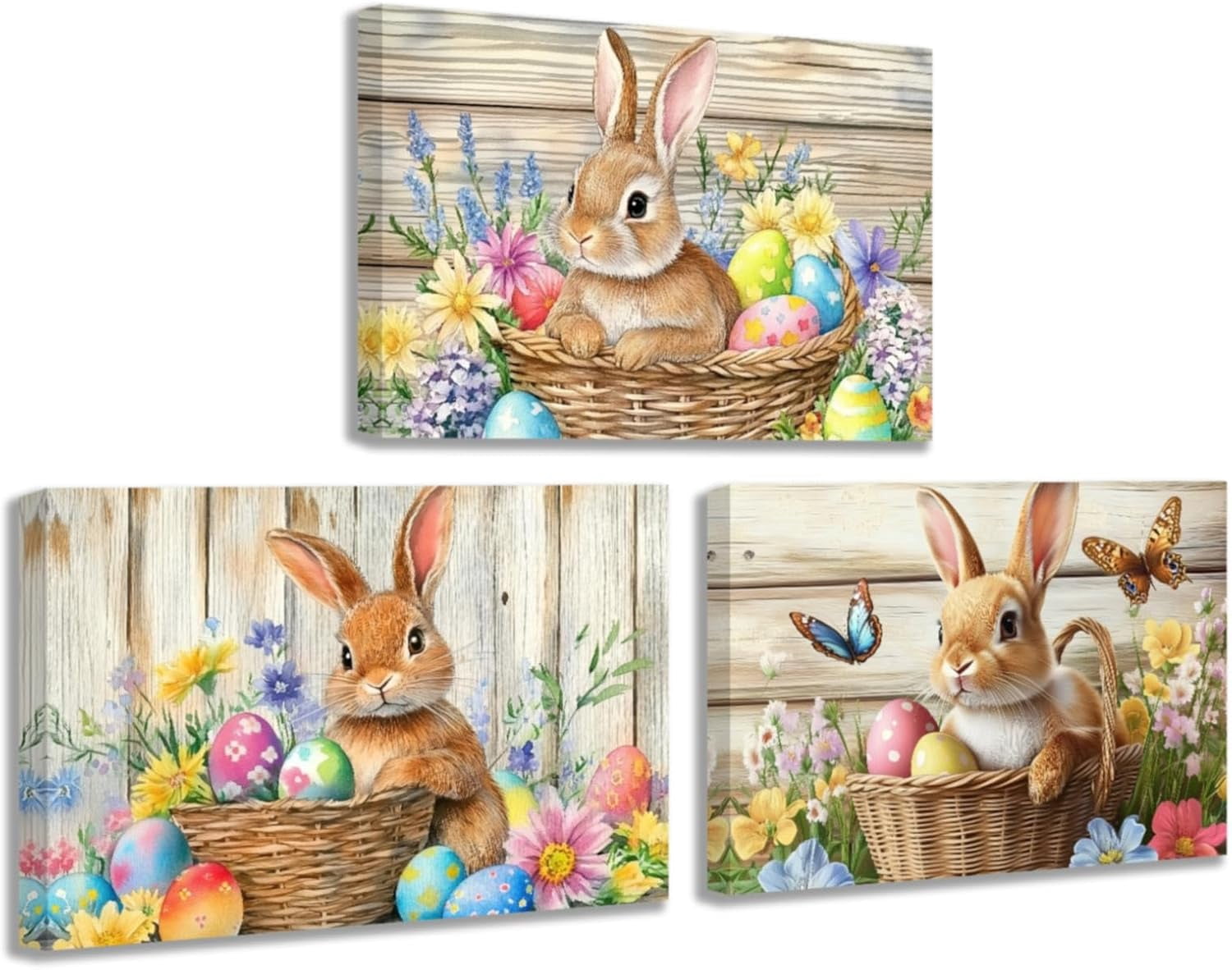 Bunny Wall Art Set of 3 Rabbit Pictures Canvas Woodland Animal Painting ...