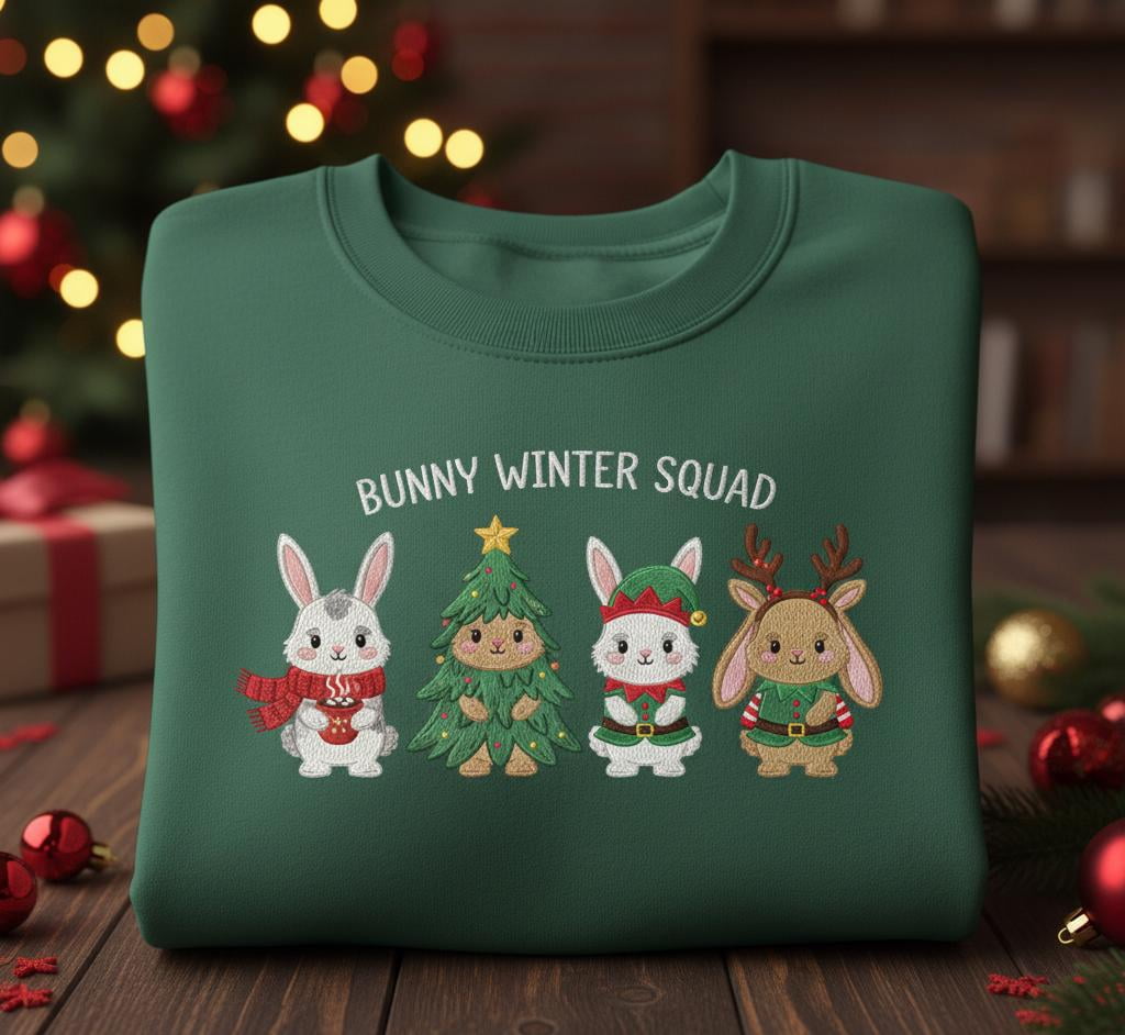 Bunny Winter Squad Embroidered Sweatshirt with Cute Holiday Rabbits and ...