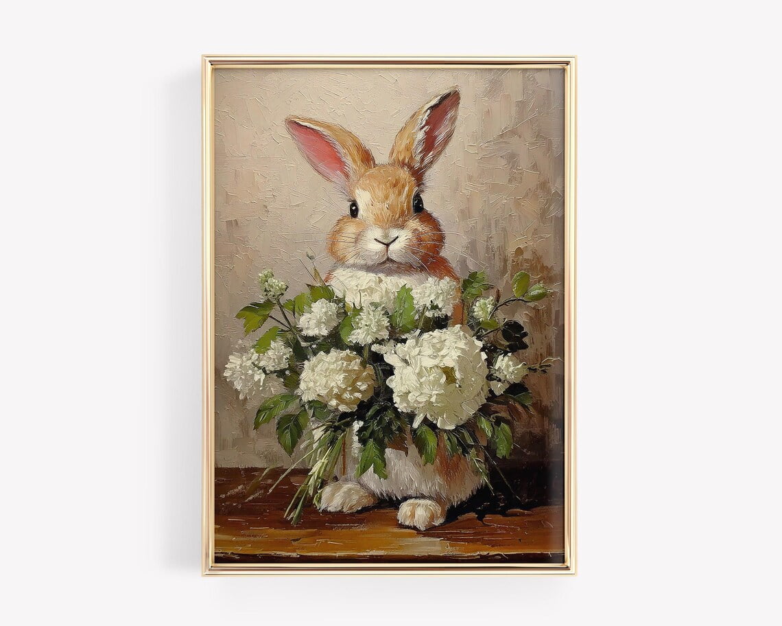 Bunny With Flowers Vintage Print: Spring Easter Rabbit Art #4228 ...