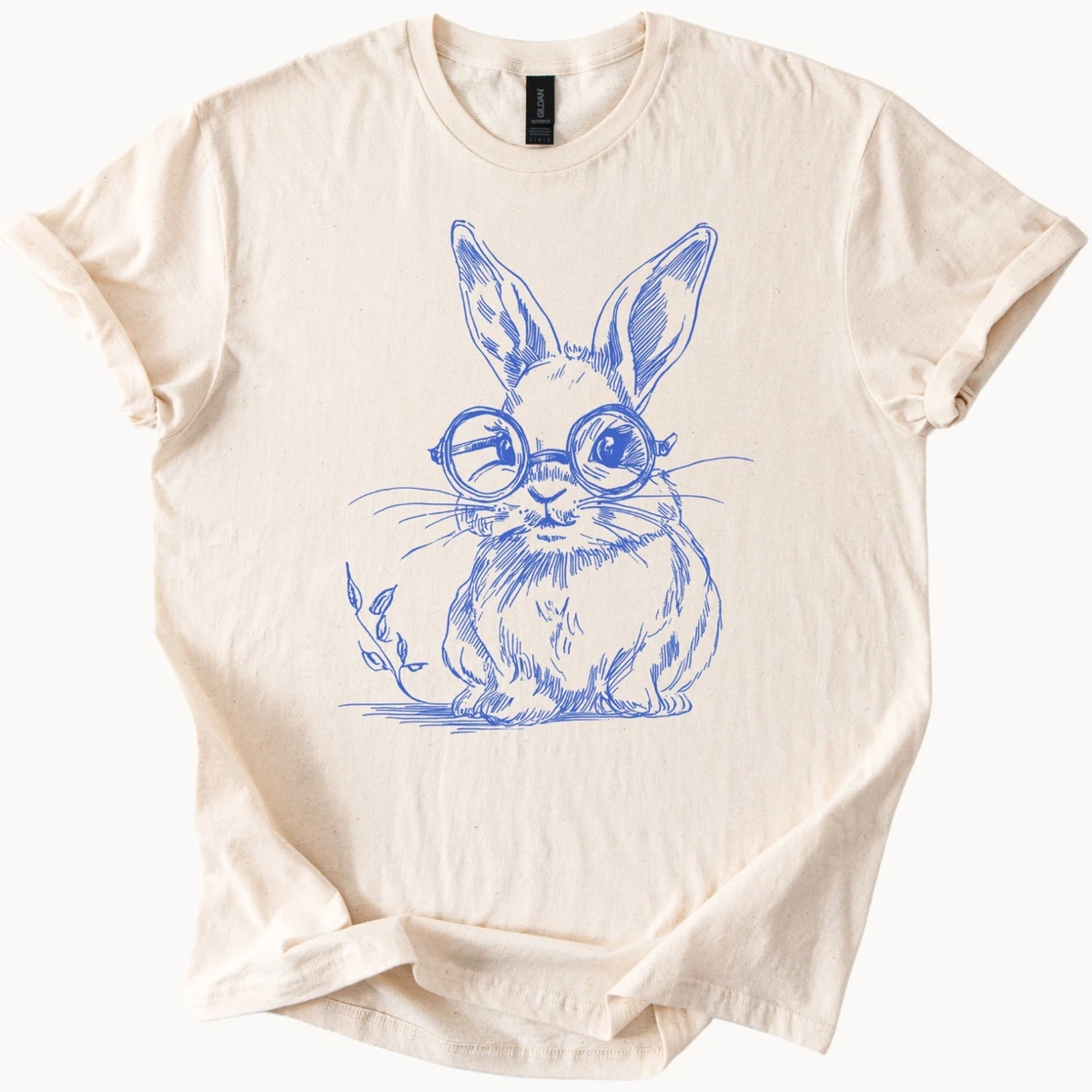 Bunny With Glasses Shirt Blue Line Art Rabbit Drawing Animal Graphic ...