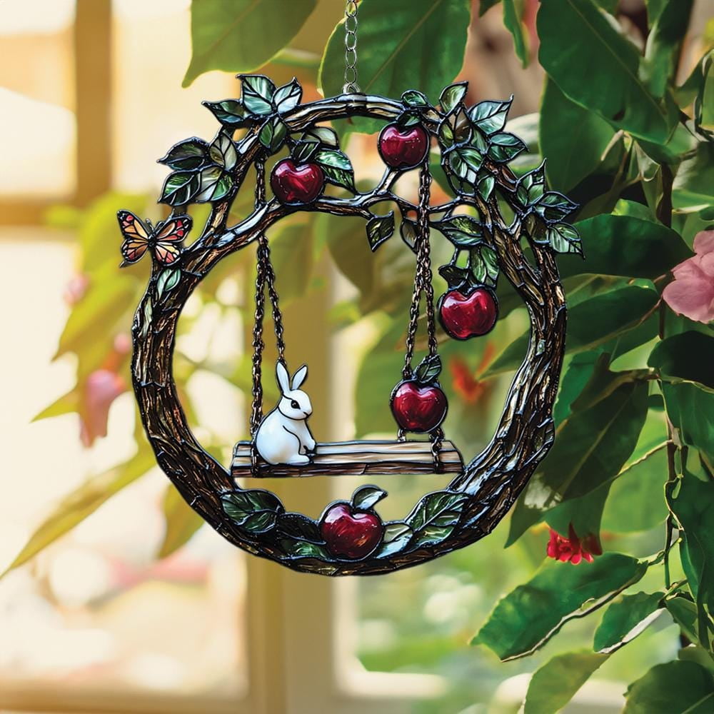 Bunny and Apple Tree Suncatcher, Acrylic Window Hanging with Swing and ...
