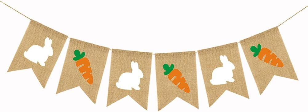 Bunny and Carrot Burlap Banner, Rustic Jute Pennant Garland for Easter ...