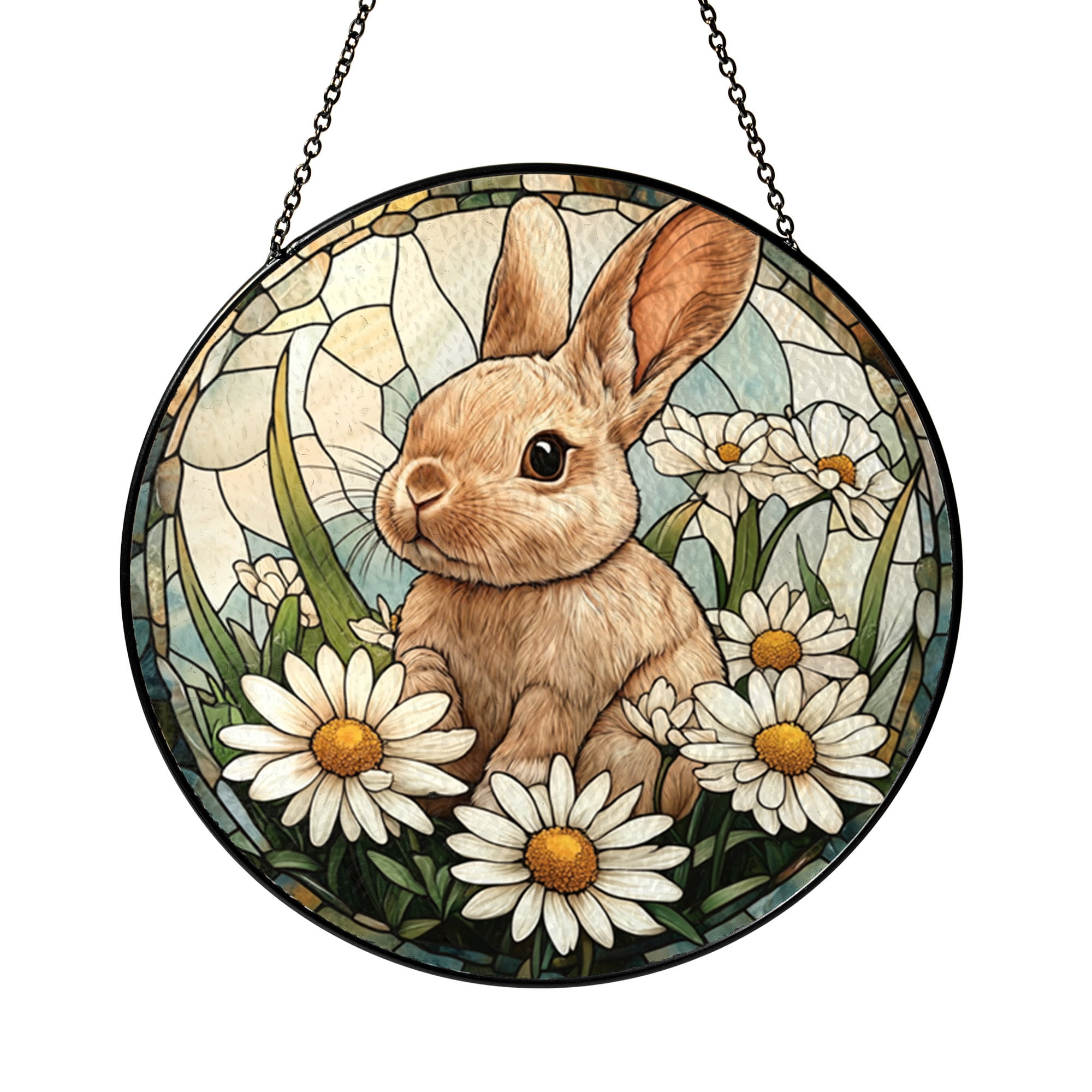 Bunny and Flowers Stained Glass Suncatcher – Round Decorative Window ...