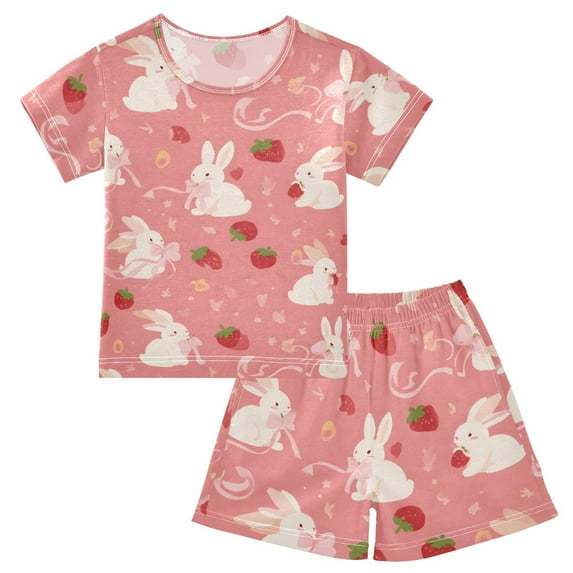 Bunny and Strawberry Summer Pajama Set Soft Cotton Short Sleeve ...