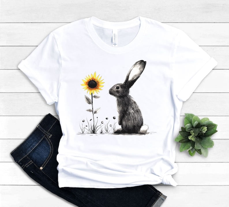 Bunny and Sunflower Shirt, Floral Rabbit T-Shirt, Sunflower Tee, Women ...