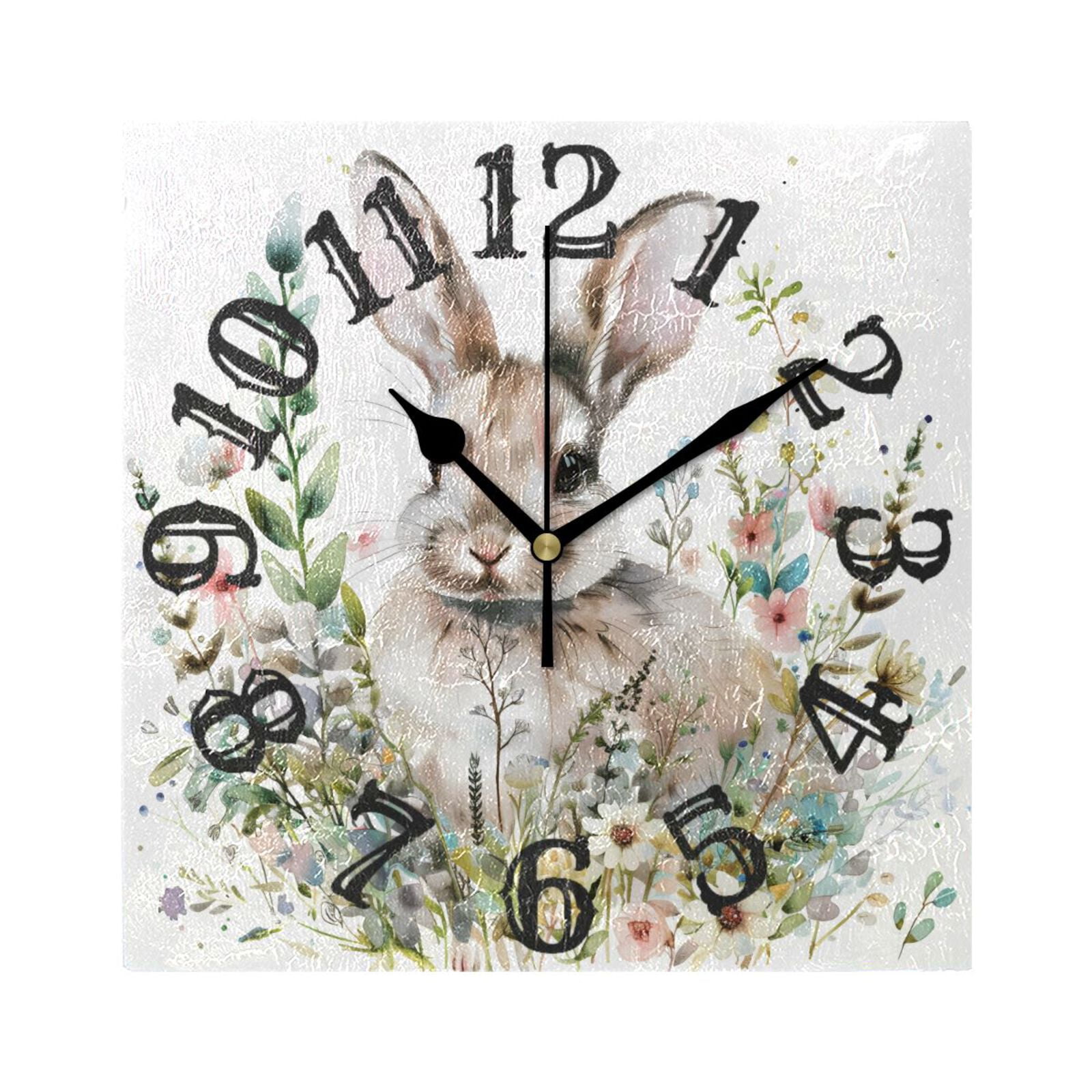 Bunny in Floral Flowers Rabbit Wall Clock Square Silent Non Ticking ...