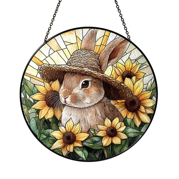 Bunny with Sunflowers Stained Glass Suncatcher, Round Window Panel ...
