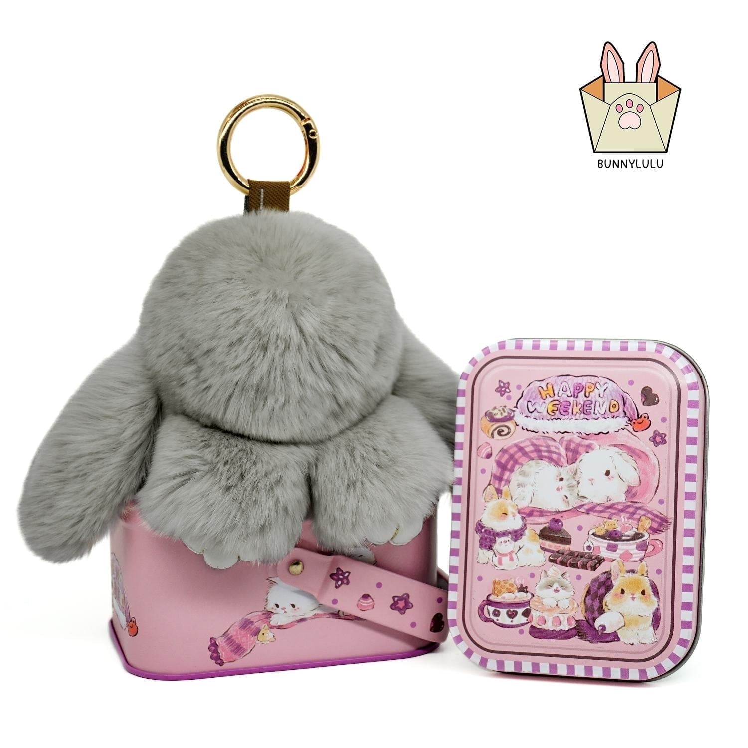 BunnyLulu Handmade Fluffy Bunny PomPom Keychain with Designed Tin Box ...