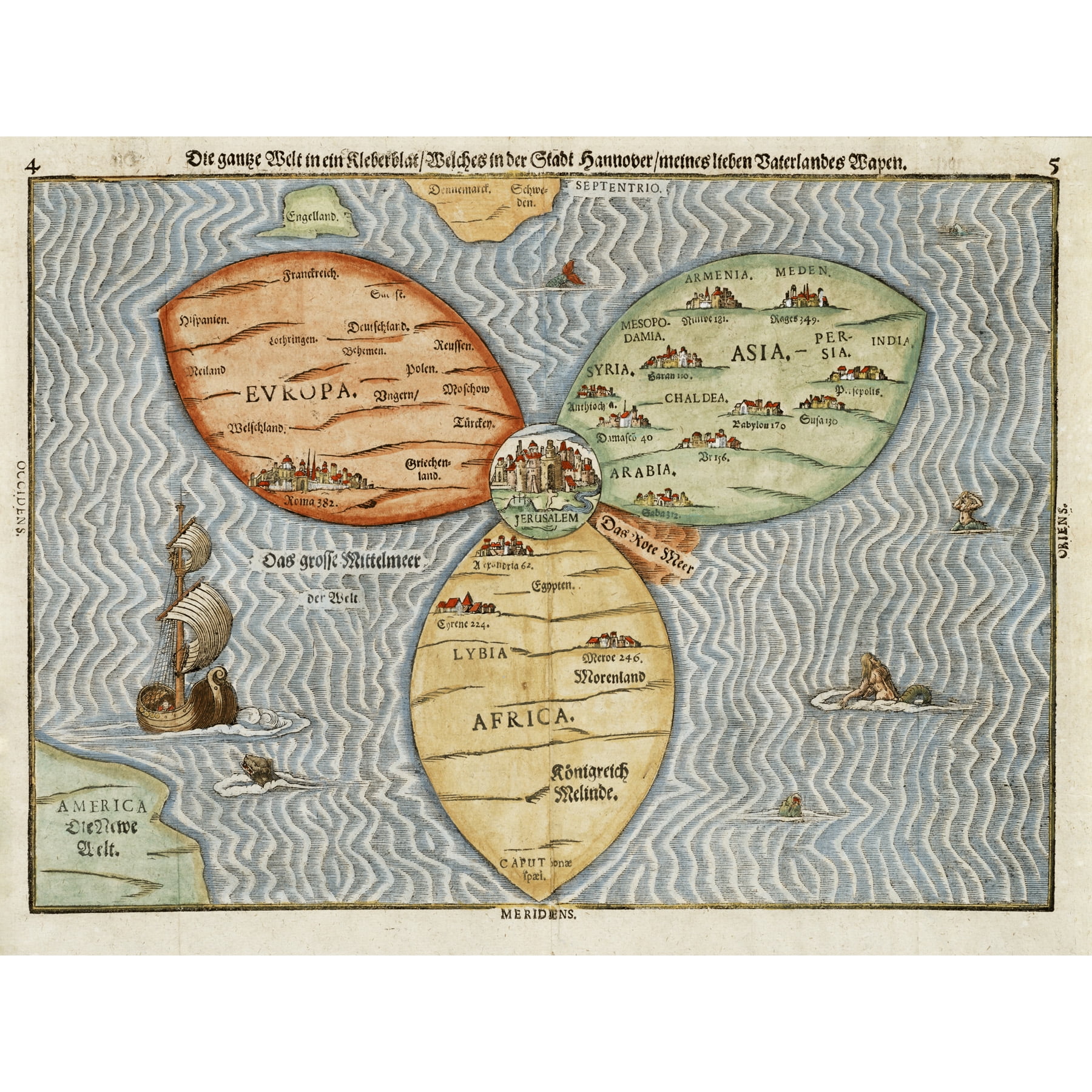 Bunting 1581 Map World Cloverleaf Jerusalem Extra Large Art Print Wall ...