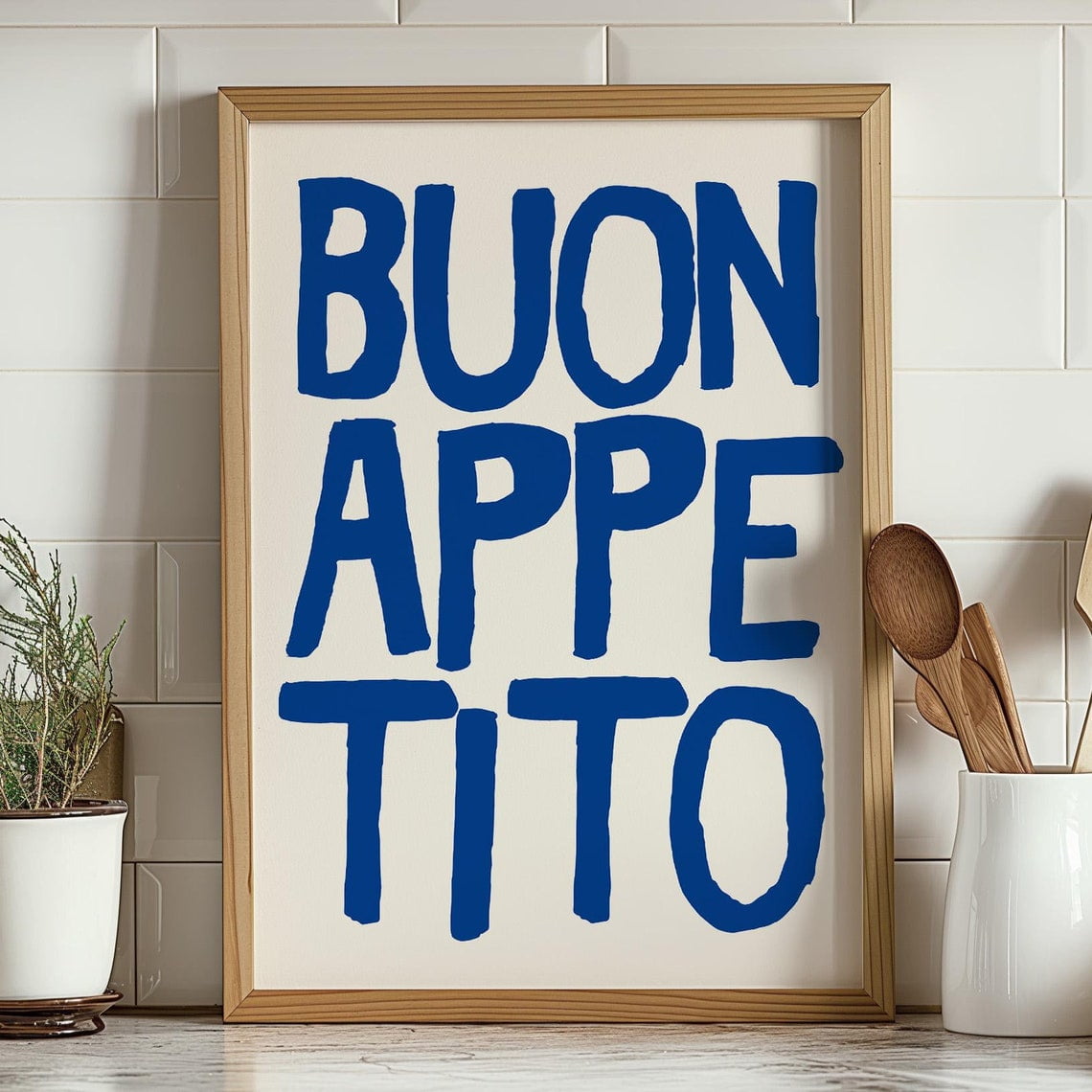 Buon Appetito Navy Kitchen Print , Retro Italian Kitchen Wall Art, Blue ...