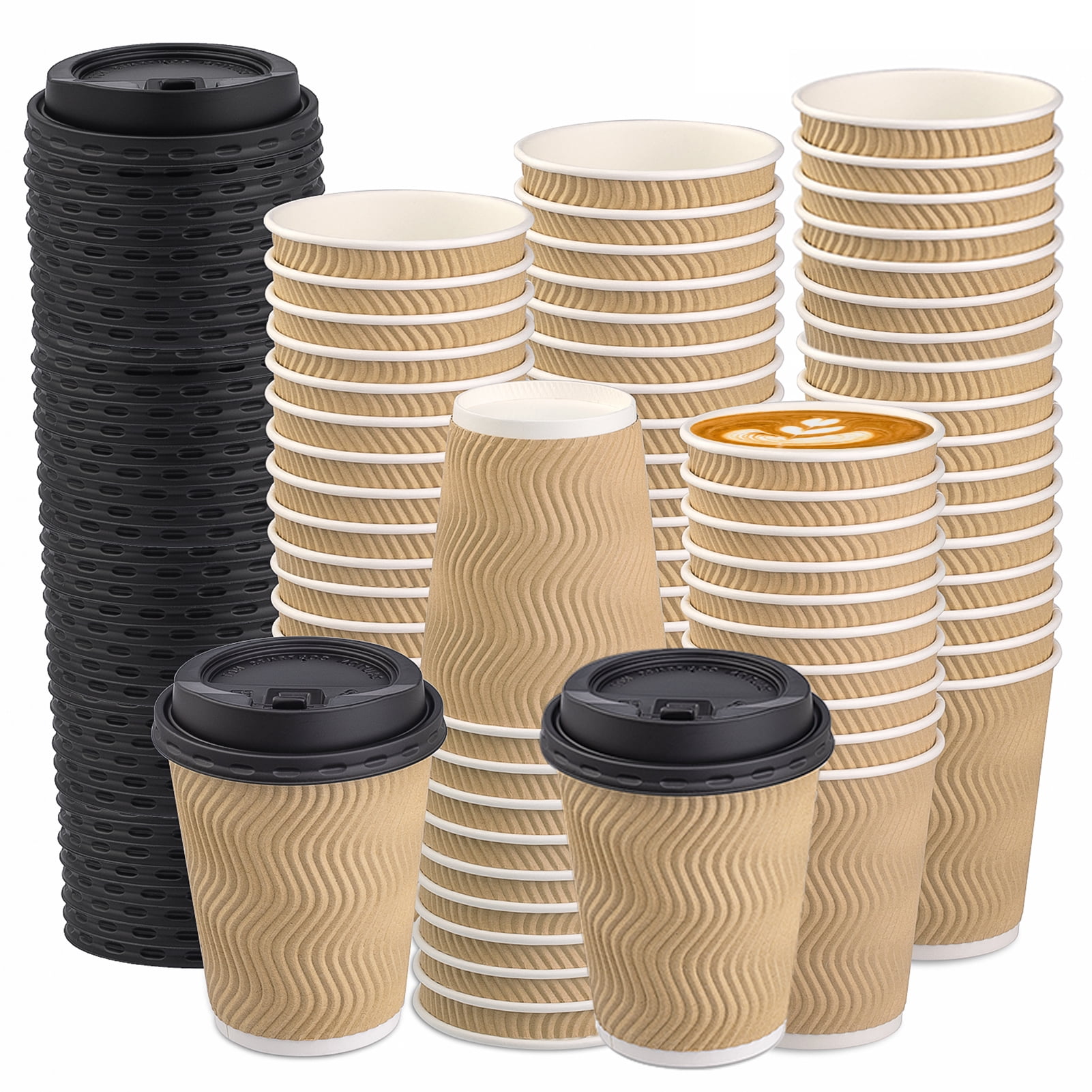 Bupete 12oz Disposable Coffee Cups with Lids(70 Pack), Corrugated 12oz ...