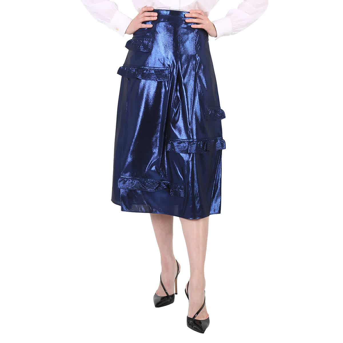 Burberry Bright Navy Ruffle Detail Lame Skirt, Brand Size 6 (US Size 4 ...