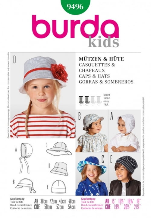 Burda Children's Easy Sewing Pattern 9496 - Bonnet, Caps & Hats ...