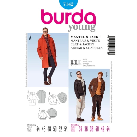 Burda Paper Sewing Pattern 7142 - Coats and Jackets for Men - Walmart.com