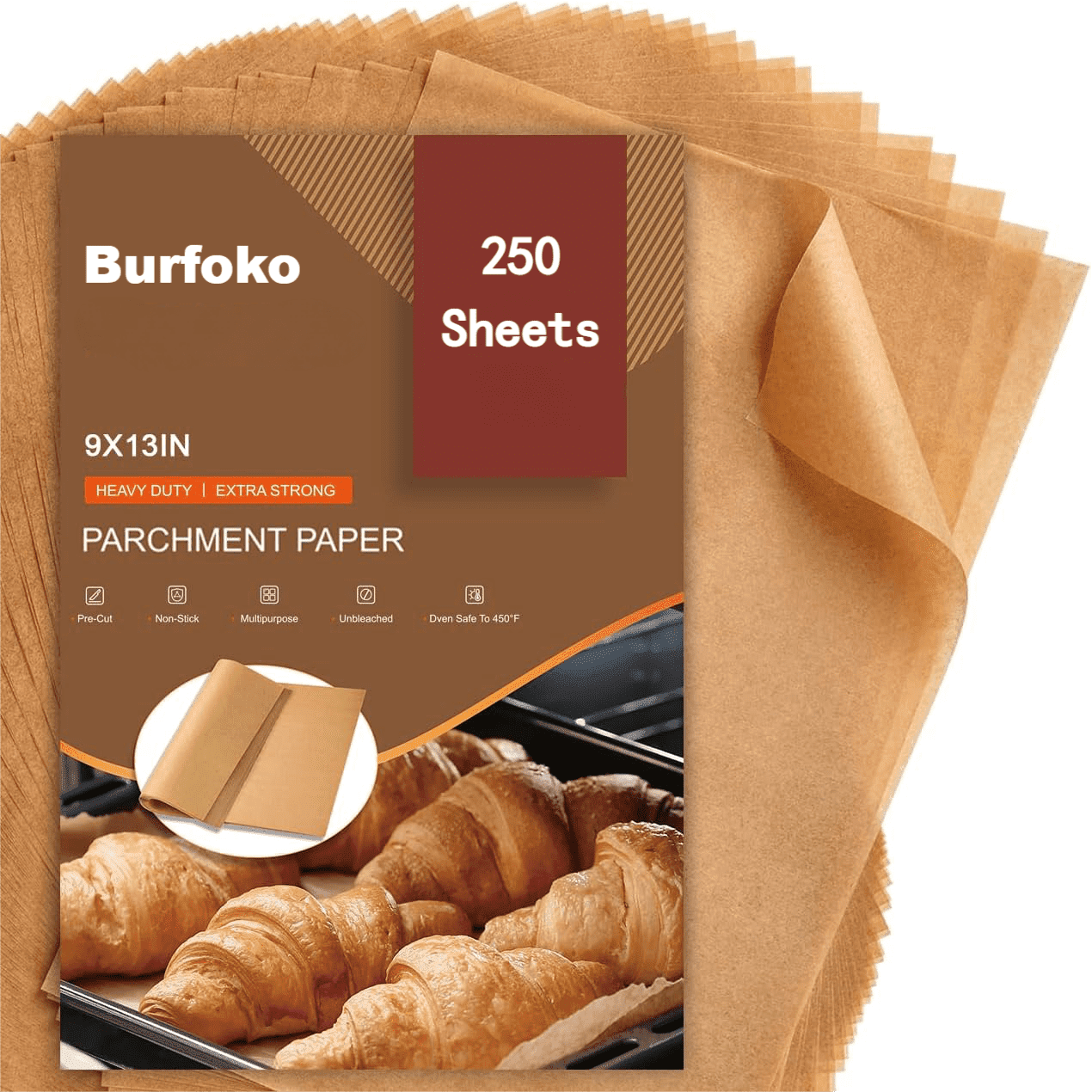 Burfoko 9x13 inch Unbleached Parchment Paper - 250 Precut Sheets, Non ...