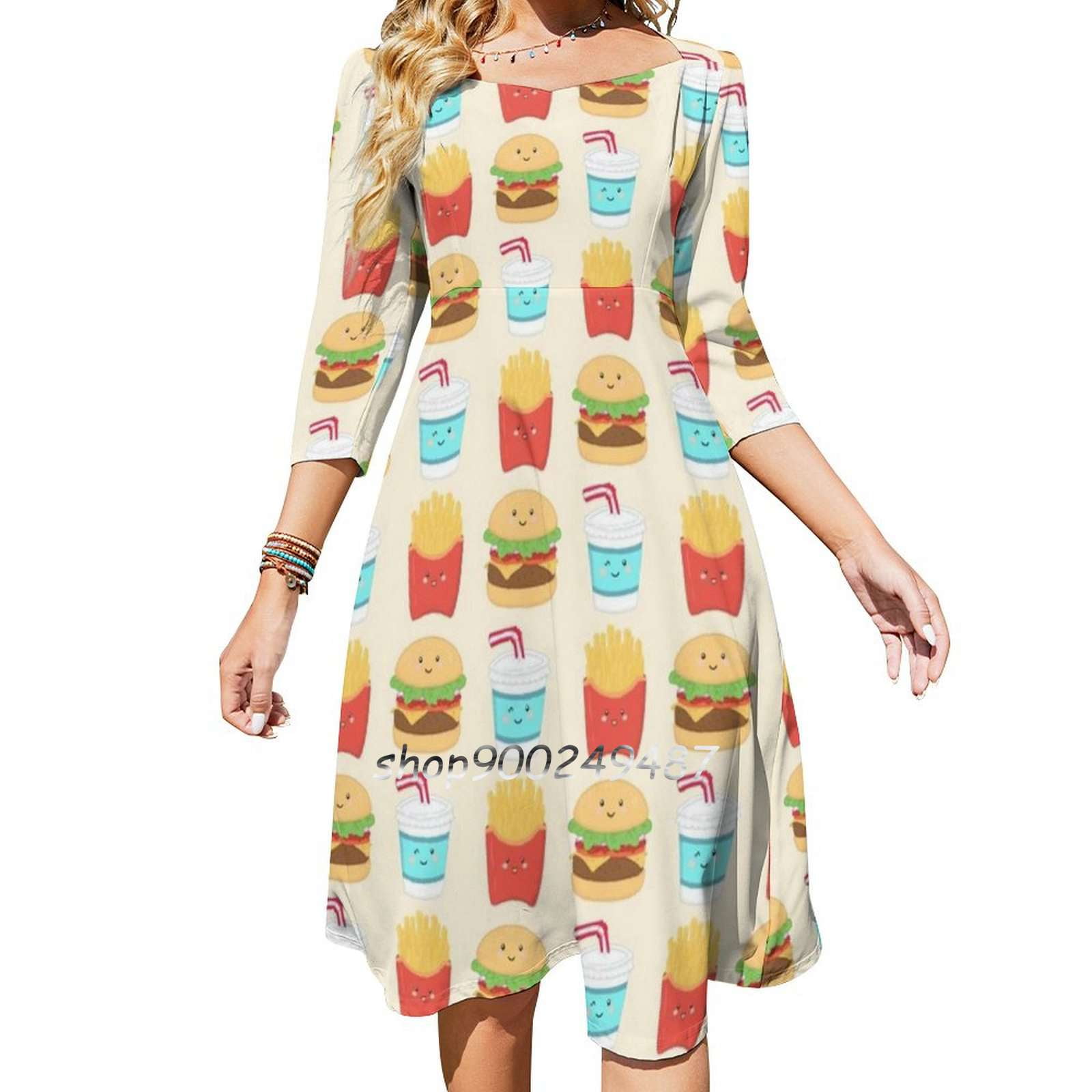 Burger Buddies Repeating Pattern Sweet Elegant Dress Women Korean ...