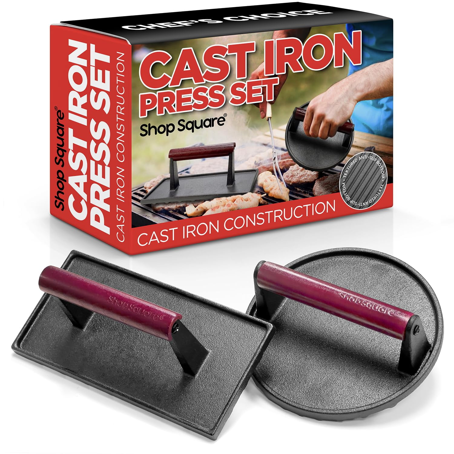 Burger Press 7" Round & 8"x4" Rectangle Grill Press - Heavy Duty Cast ...