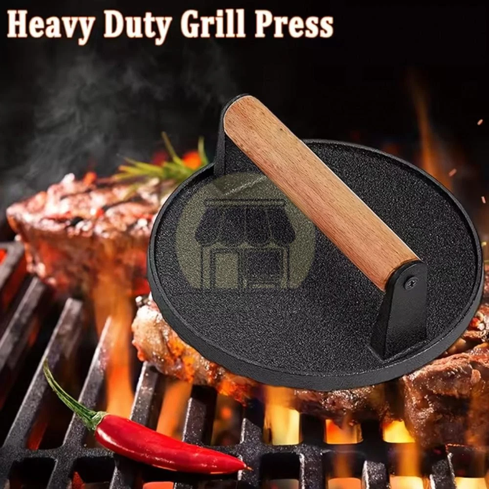 Burger Press 7" Round Heavy-Duty Cast Iron Smash Bacon Press Meat Steak ...