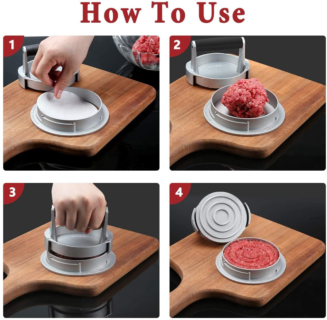 Burger Press Adjustable Thickness 3 in 1 Hamburger Patty Maker Aluminum ...