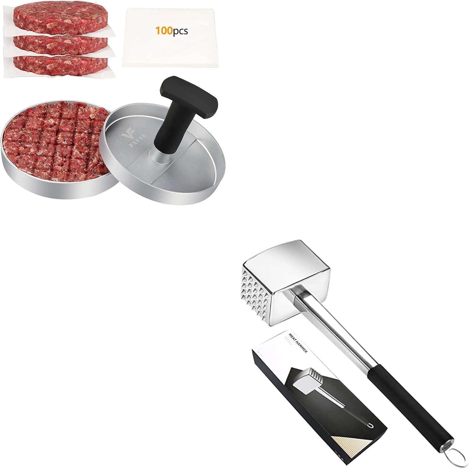 Burger Press Patty Maker with 100 Wax Papers & Meat Tenderizer Hammer ...