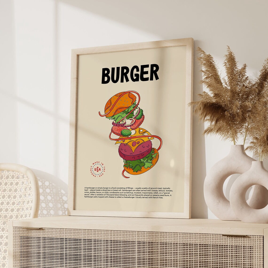 Burger Print, Food Poster, Retro Kitchen Decor, Food Art, Mid Century ...