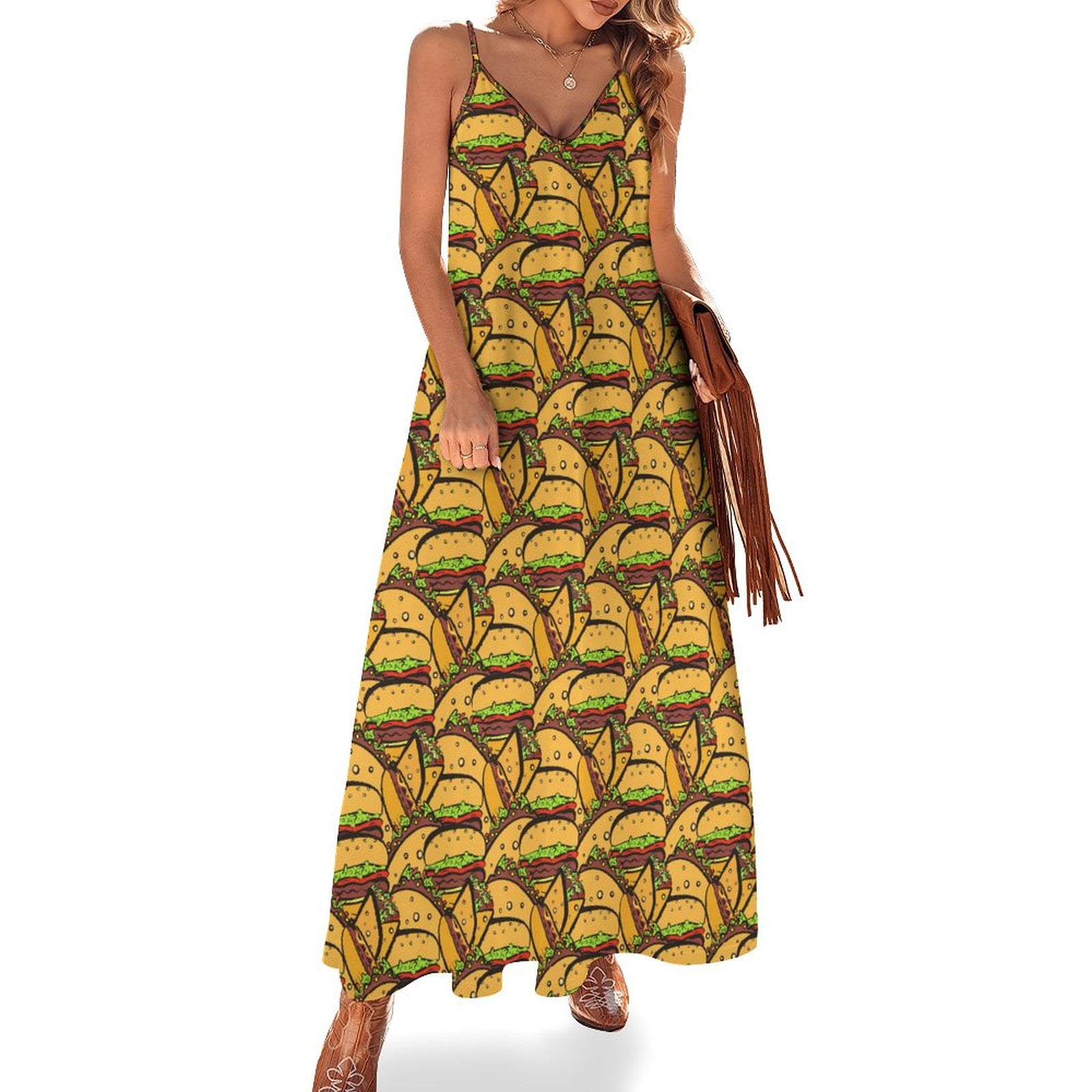 Burger Tacos Hot Dog Dresses for Women V Neck Sleeveless Sundress Beach ...
