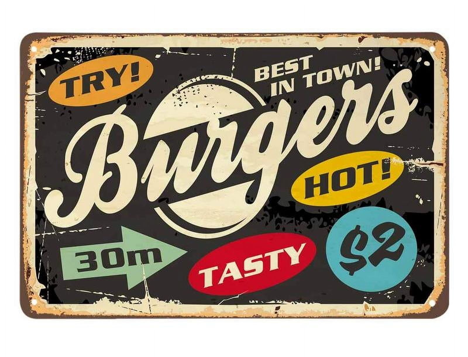 Burger Tin Sign, Hot Delicious Stain Oval Circle Arrow Geometric Retro ...