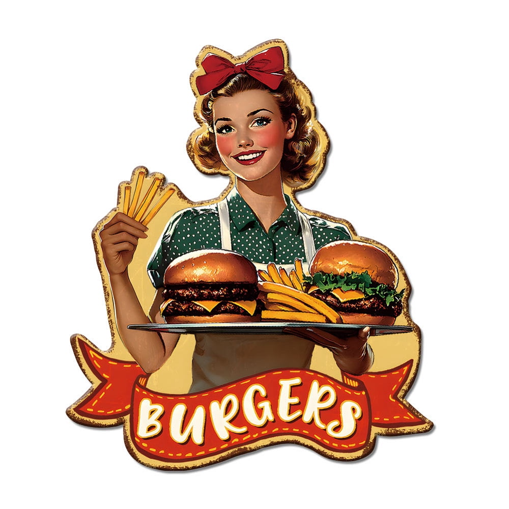Burgers French Fries Tin Signs Fast Food Waitress Metal Sign Poster ...